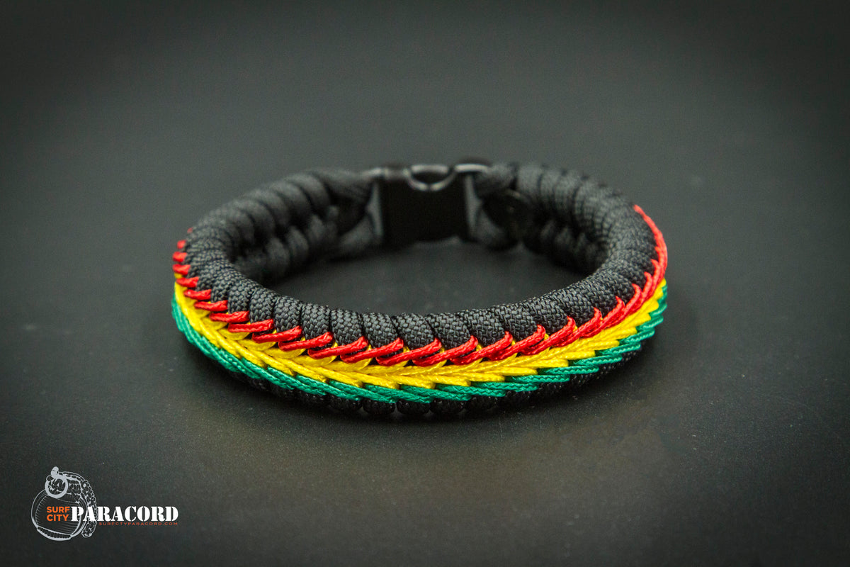 Paracord Rasta Fishtail Bracelet with Red, Yellow and Green Stitching ...